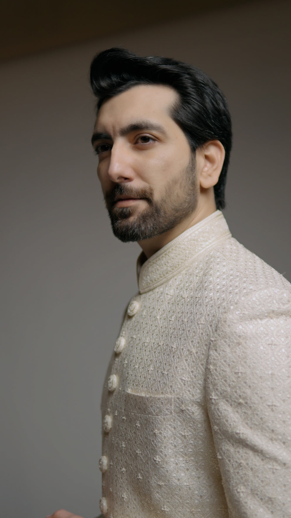 Light Beige Chikkan Kari Sherwani with all over hand work & Shawl - Cu ...